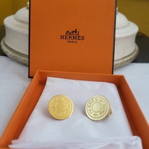 Hermes | Jewelry | Hermes Button Logo Gold Plated Clip On Earrings ...